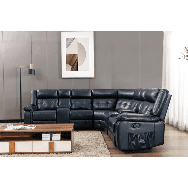 Nathaniel Home PU Leather Reclining Sectional Sofa Set with Cup Holders L Shaped Corner Couch with Storage Box Fashion Living Room Furniture