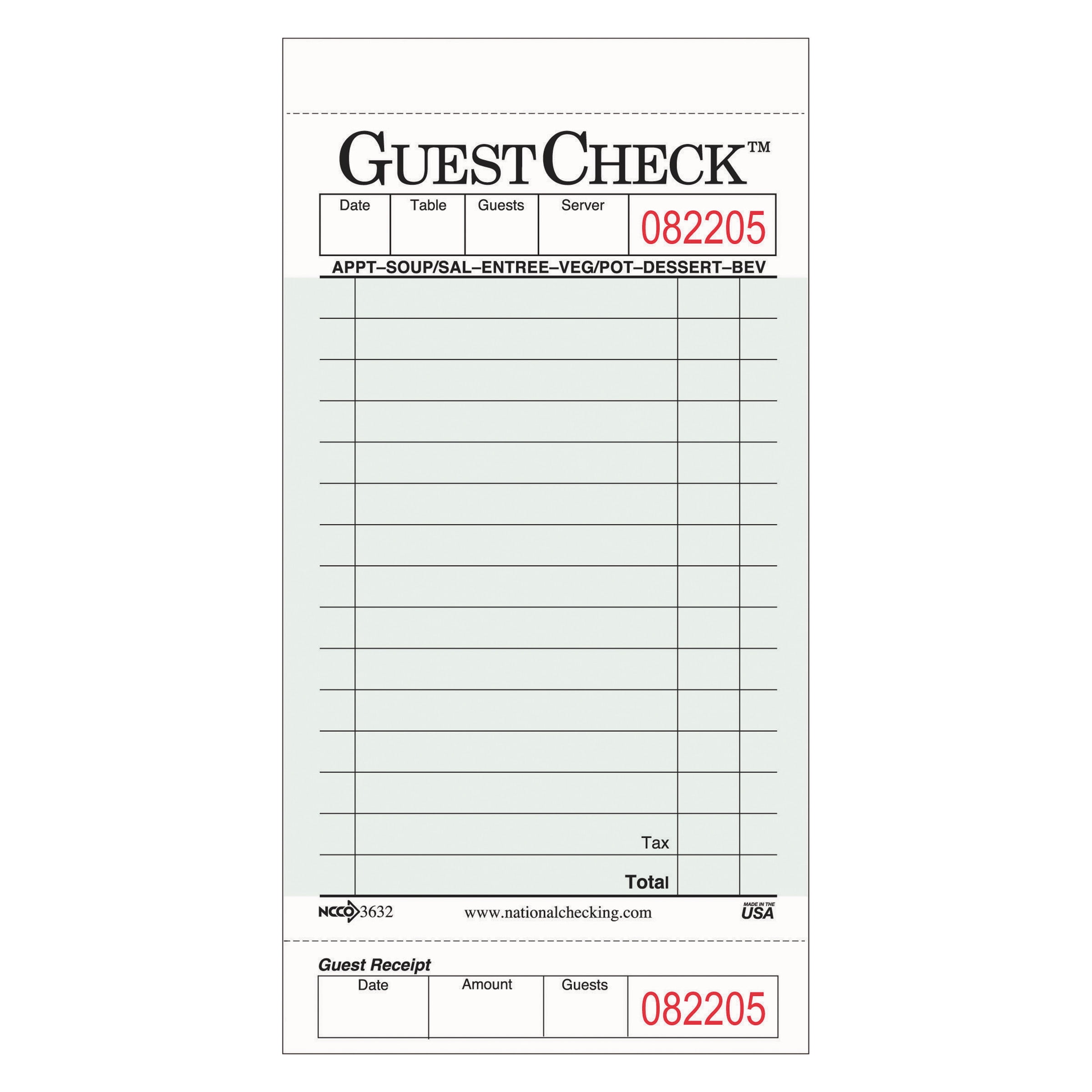National Checking Company Guest Check Pad with Customer Receipt Stub, 3 ...