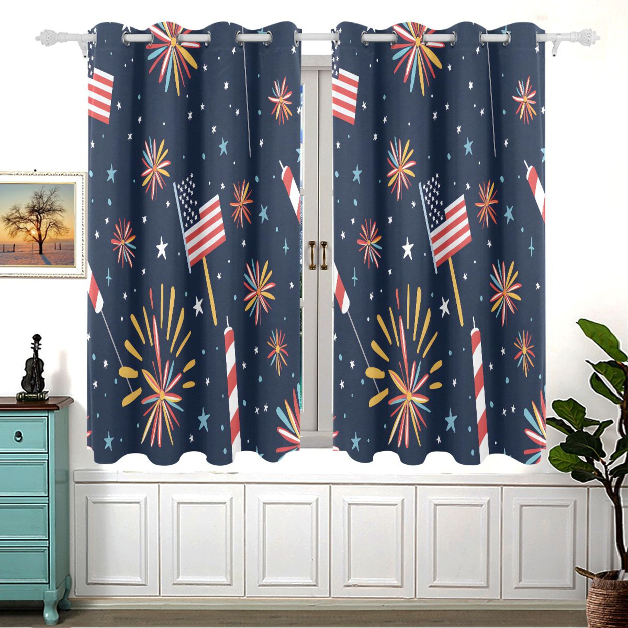 National Flags Fireworks Stars Curtains Drapes with Grommets 2 Panels ...
