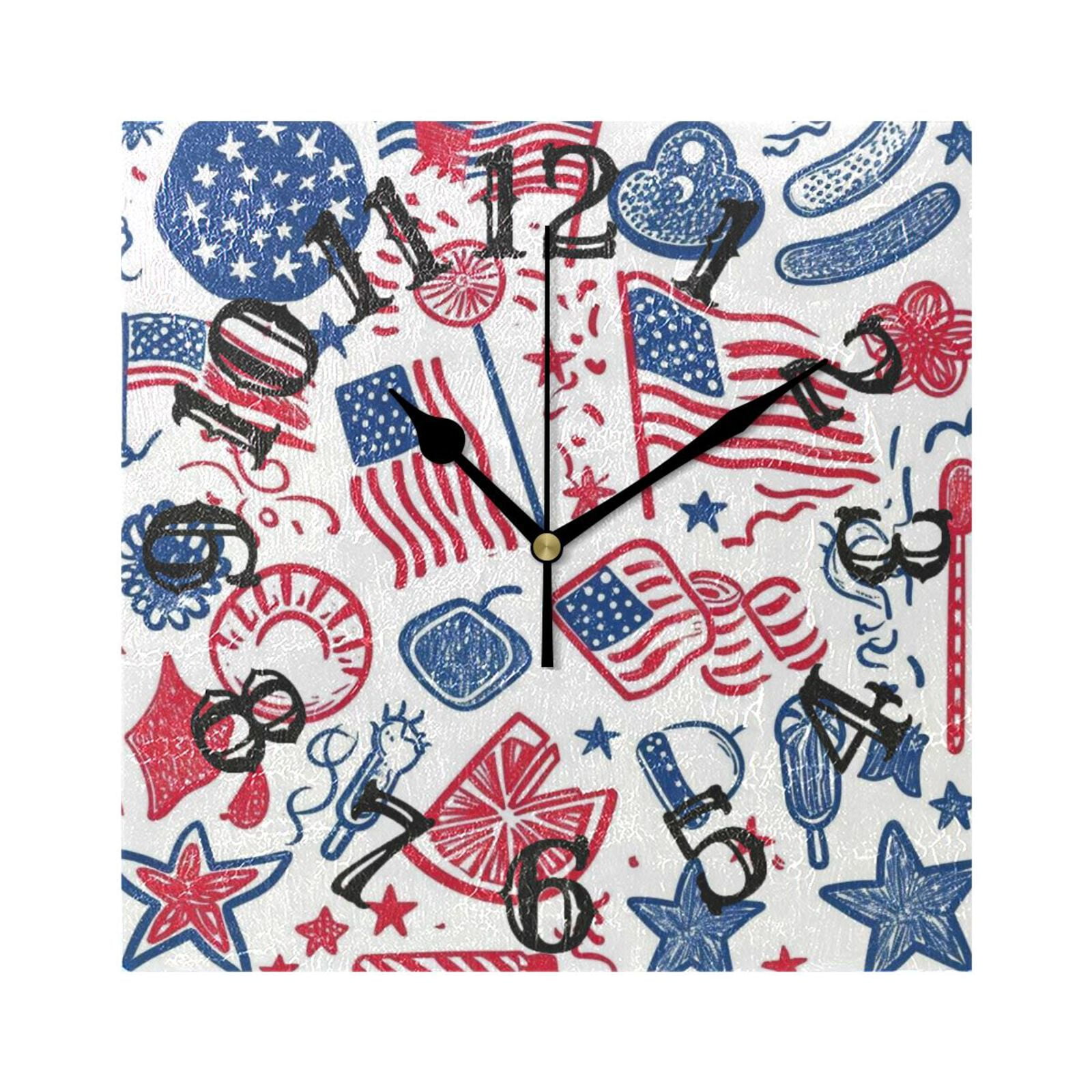 National Flags Stars Wall Clock Square Silent Non Ticking Battery ...