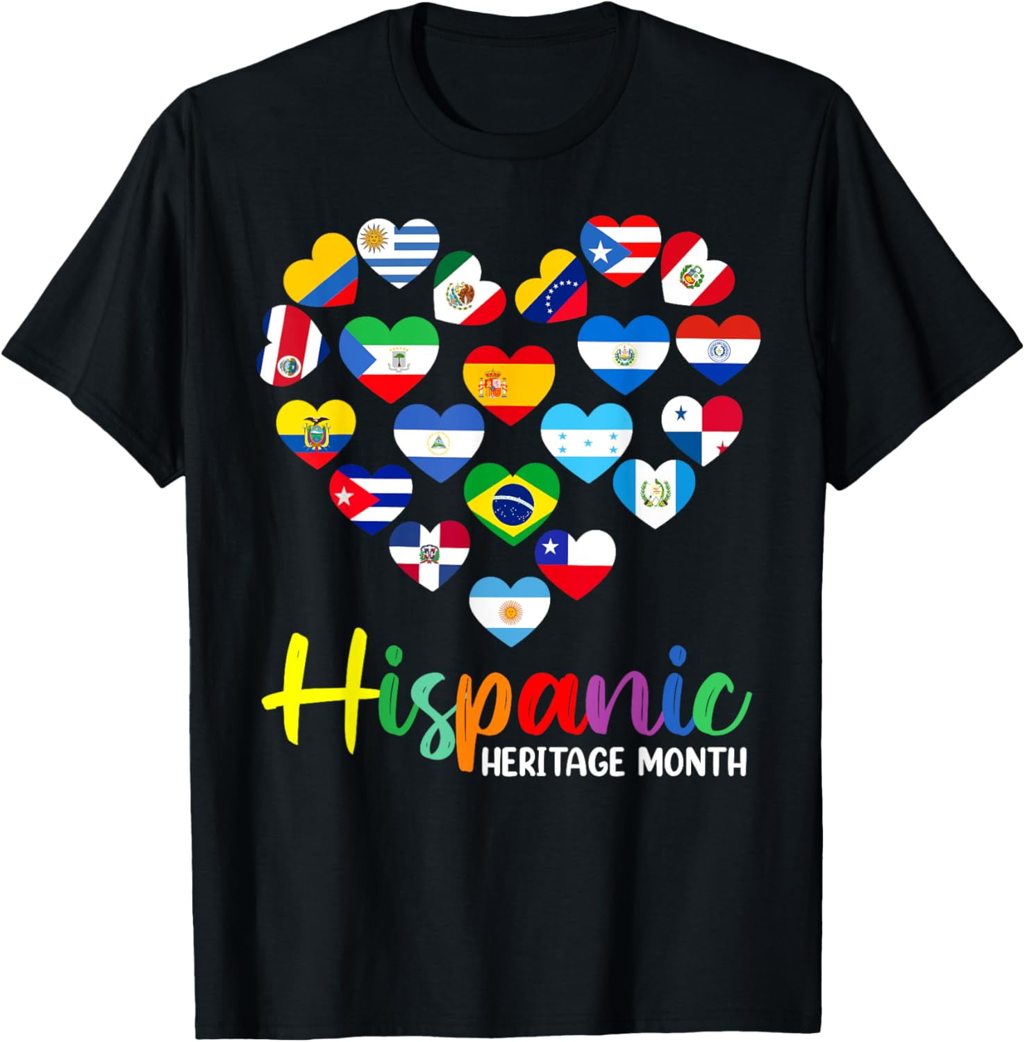 National Hispanic Heritage Month All Countries Flags Hearts T-Shirt ...