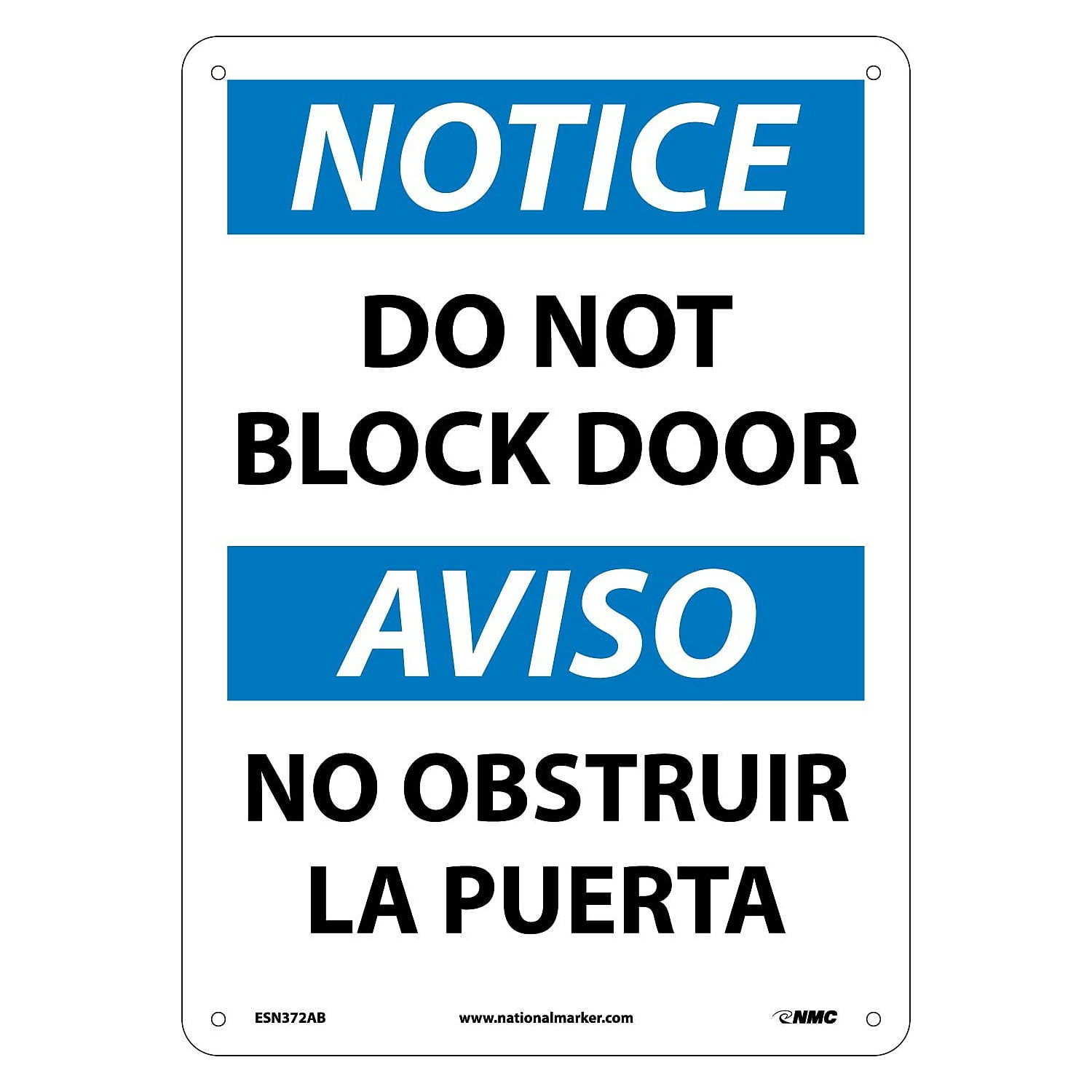 National Marker Notice Signs; Do Not Block Door Bilingual 14X10 .040 ...