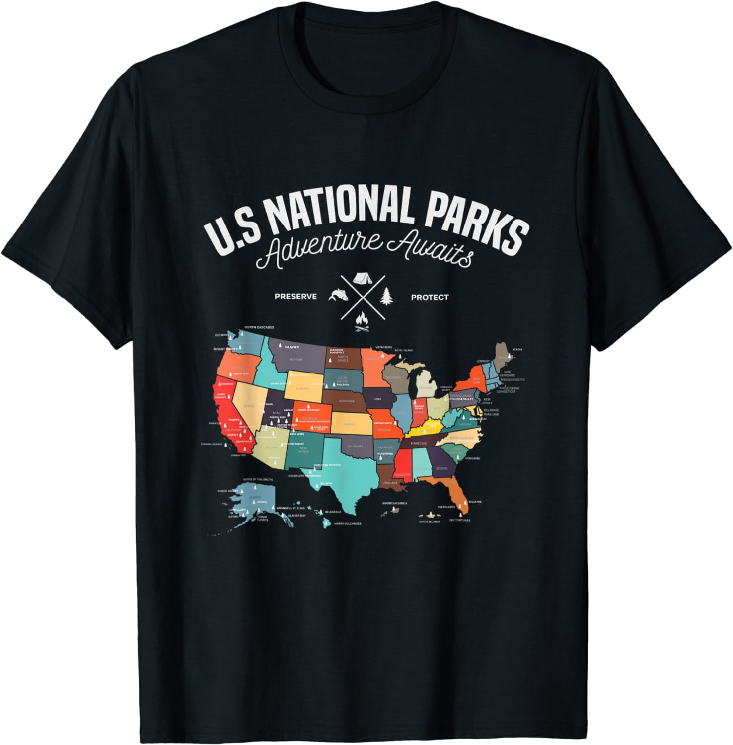 National Parks Map Camping & Hiking Nature Explorer T-Shirt - Walmart.com