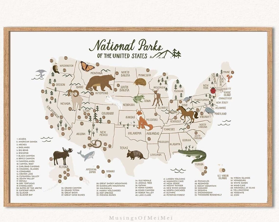 National Parks Wall Art, Woodlands Nursery Decor, Us National Parks Map ...