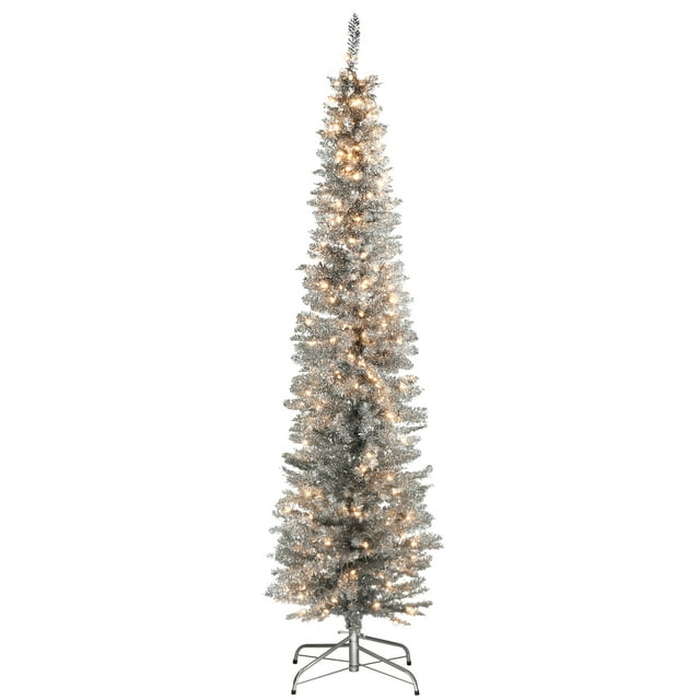 National Tree Company Pre-Lit Artificial Christmas Tree, Silver Tinsel ...