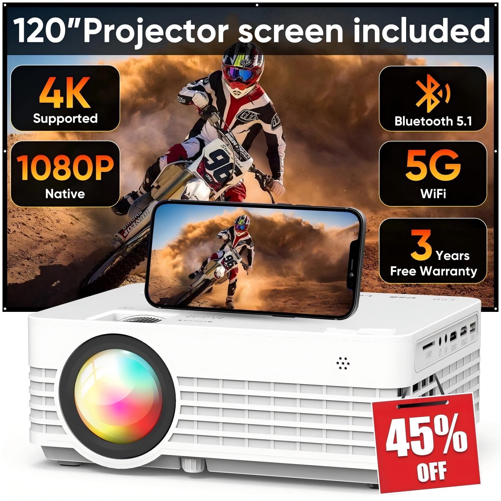 "Native 1080P 300"" 5G WiFi Projector, Bluetooth 5.1, Indoor/Outdoor ...