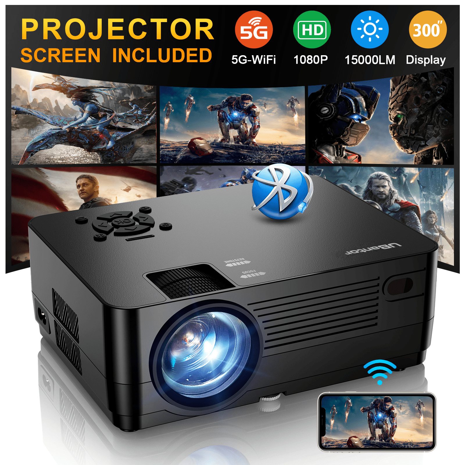 Native 1080P 5G WiFi Projector with Screen, 15000 Lumens and 300 Inch ...