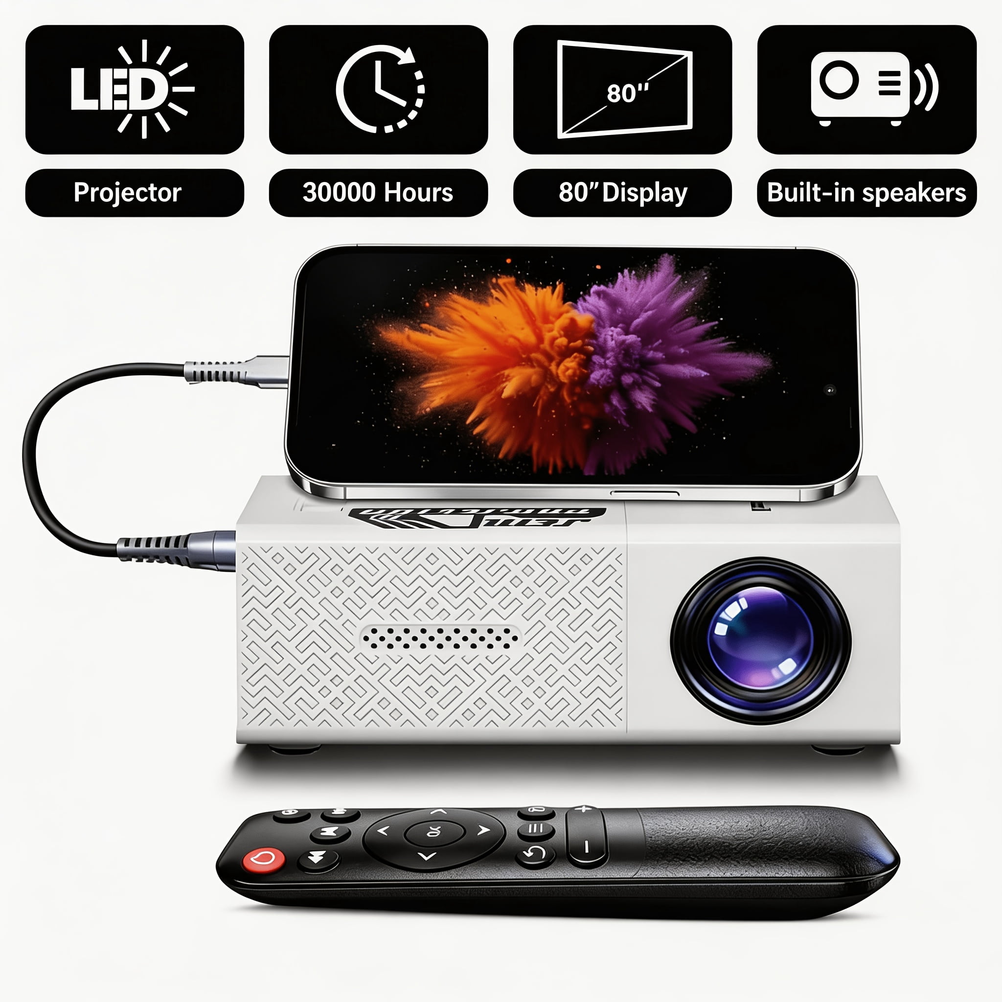 Native 1080P Portable Mini Projector, 4K Supported, Phone Wired Screen ...