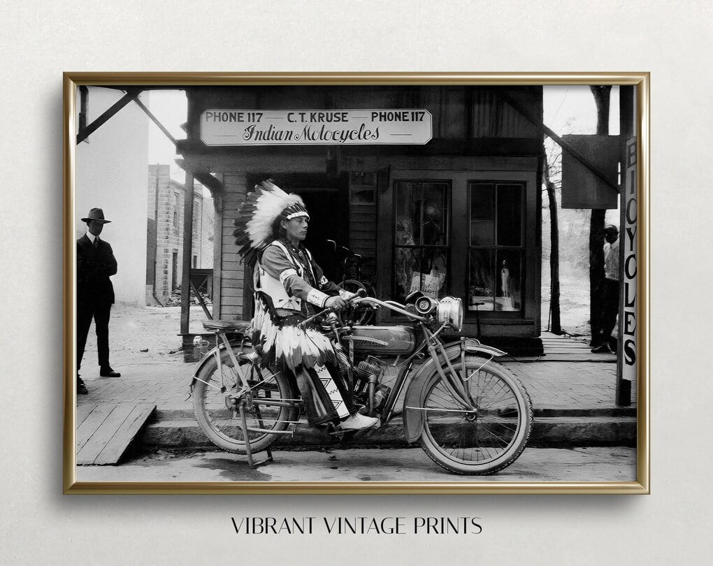 Native American On Motorcycle, Black And White Art, Vintage Wall Art ...