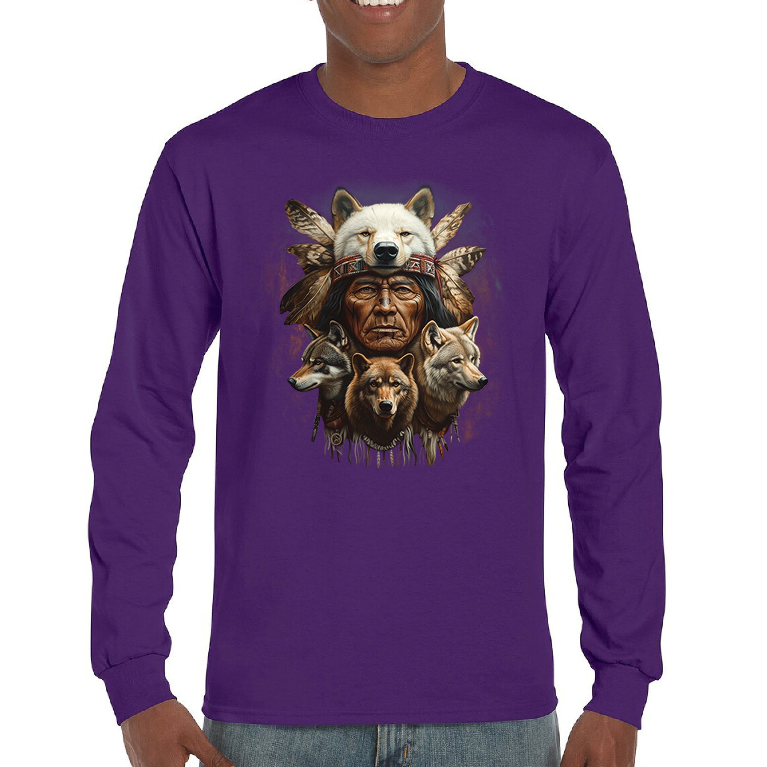 Native American Wolf Chief Long Sleeve T-shirt Tribal Spirit Warrior ...