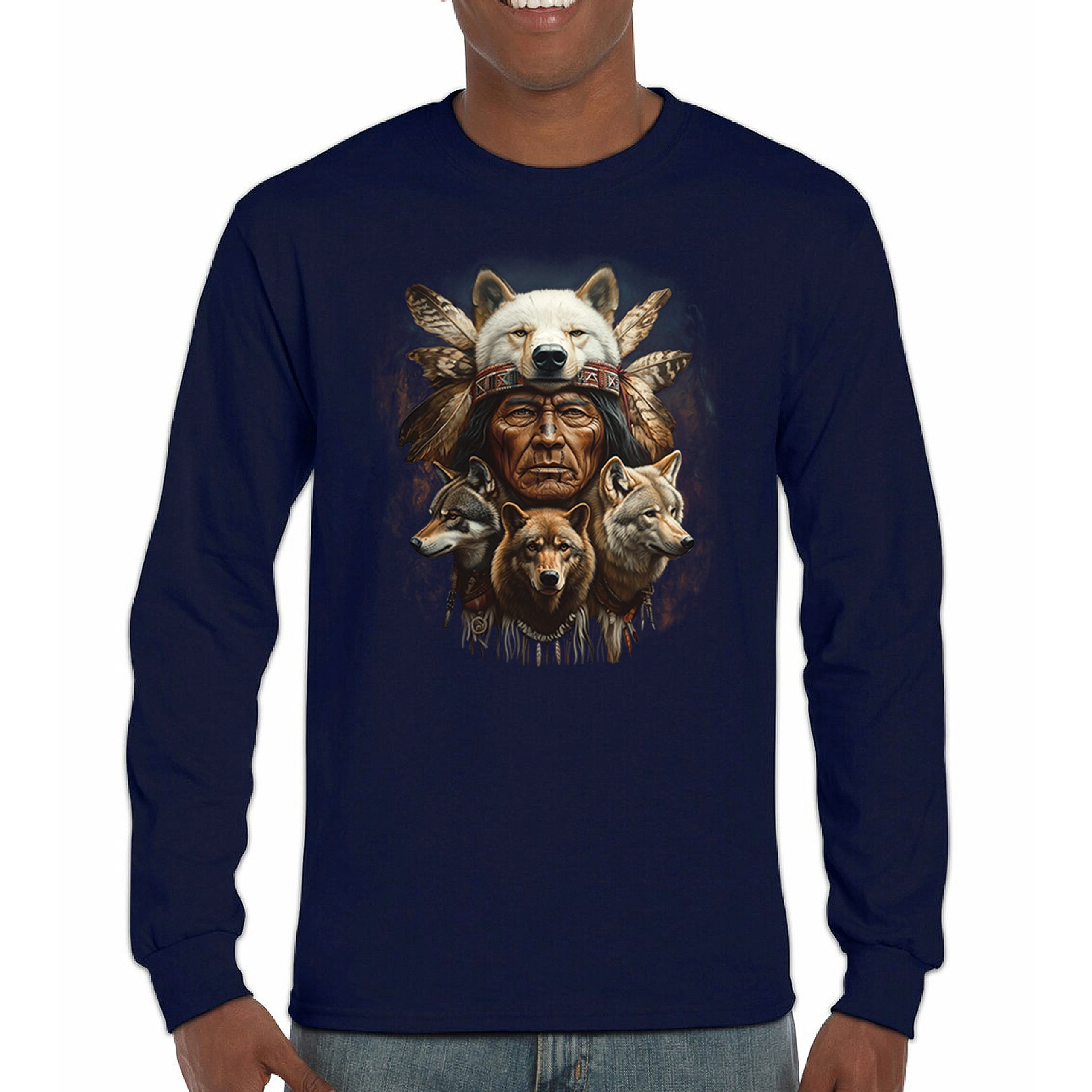 Native American Wolf Chief Long Sleeve T-shirt Tribal Spirit Warrior ...
