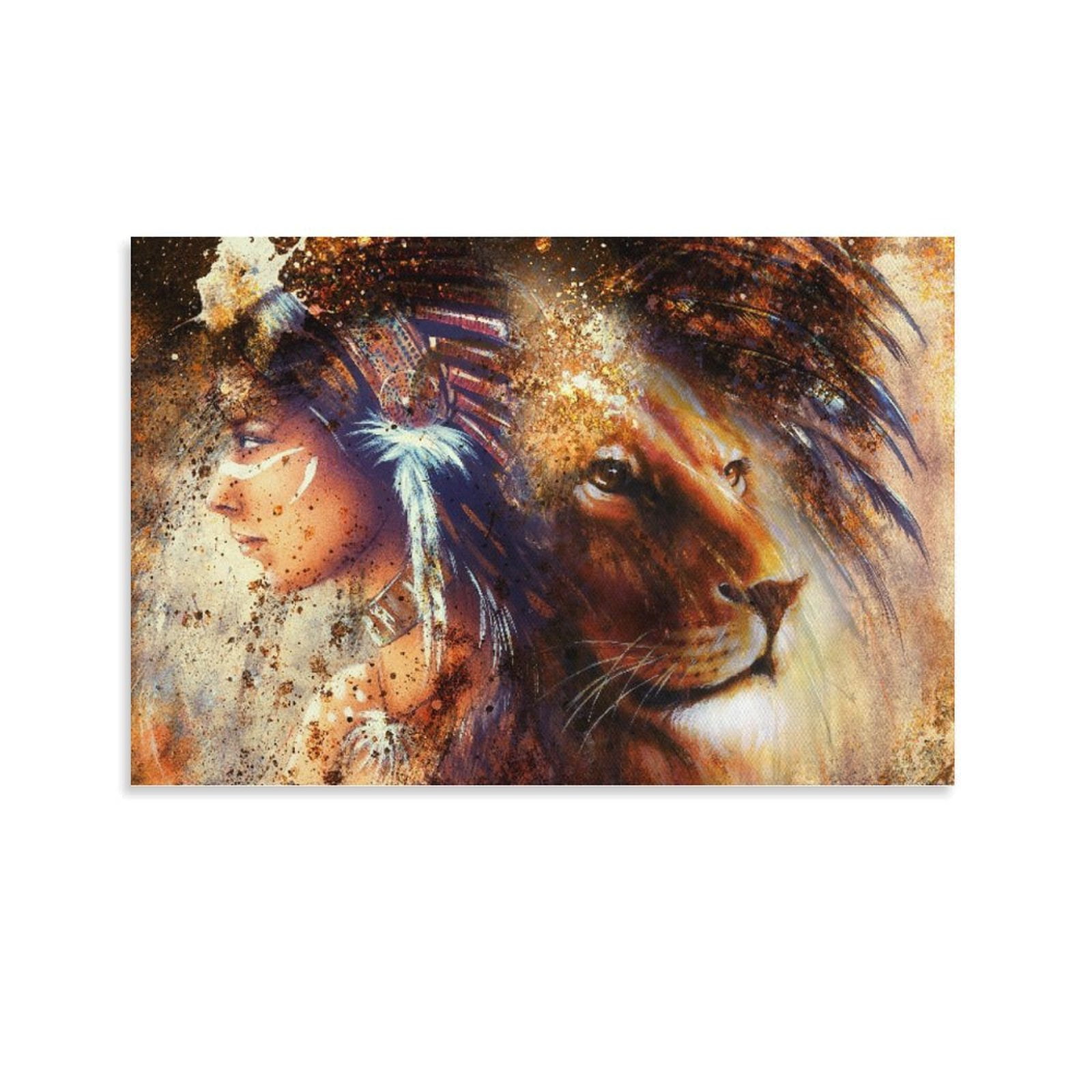 Native American Woman Wearing Feather Headdress With Lion Poster ...