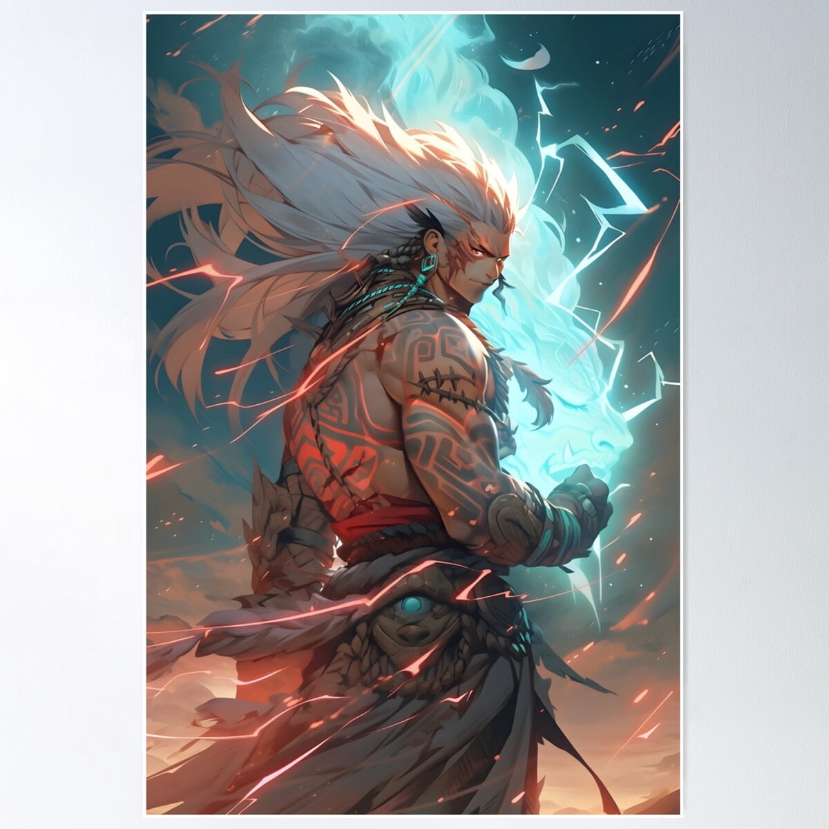 Native Anime Samurai Male Warrior Portrait Art Poster Wall Art, Modern ...