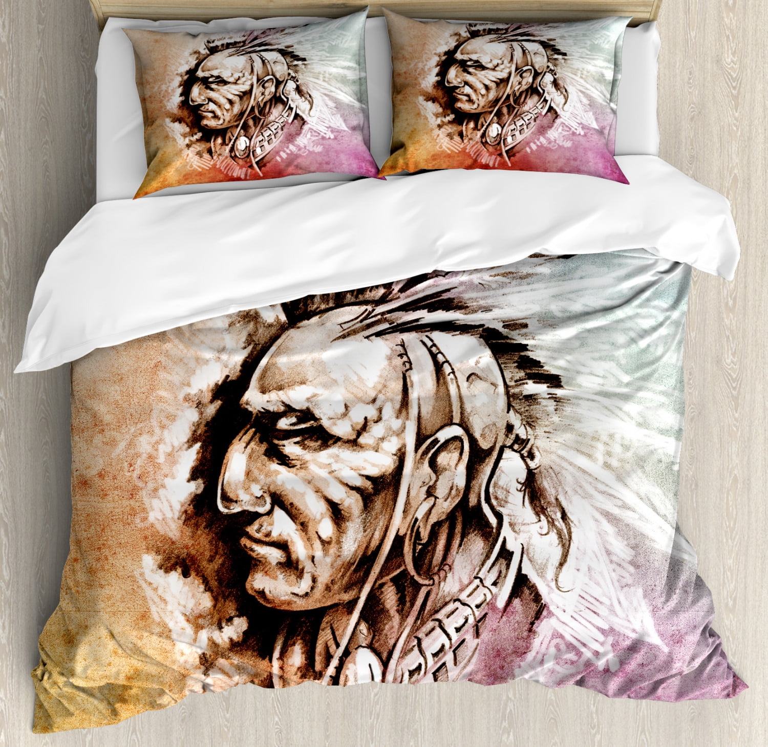 Native Duvet Cover Set Queen Size, Sketch of American Native with ...