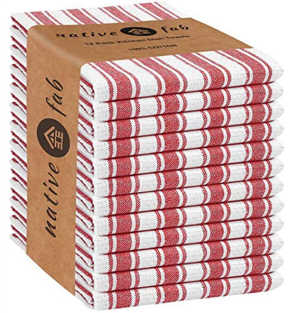 Native Fab 12-Piece Dish Towels Set, 100% Cotton, Basket Weave Stripe Design, 15x25, Red White ...