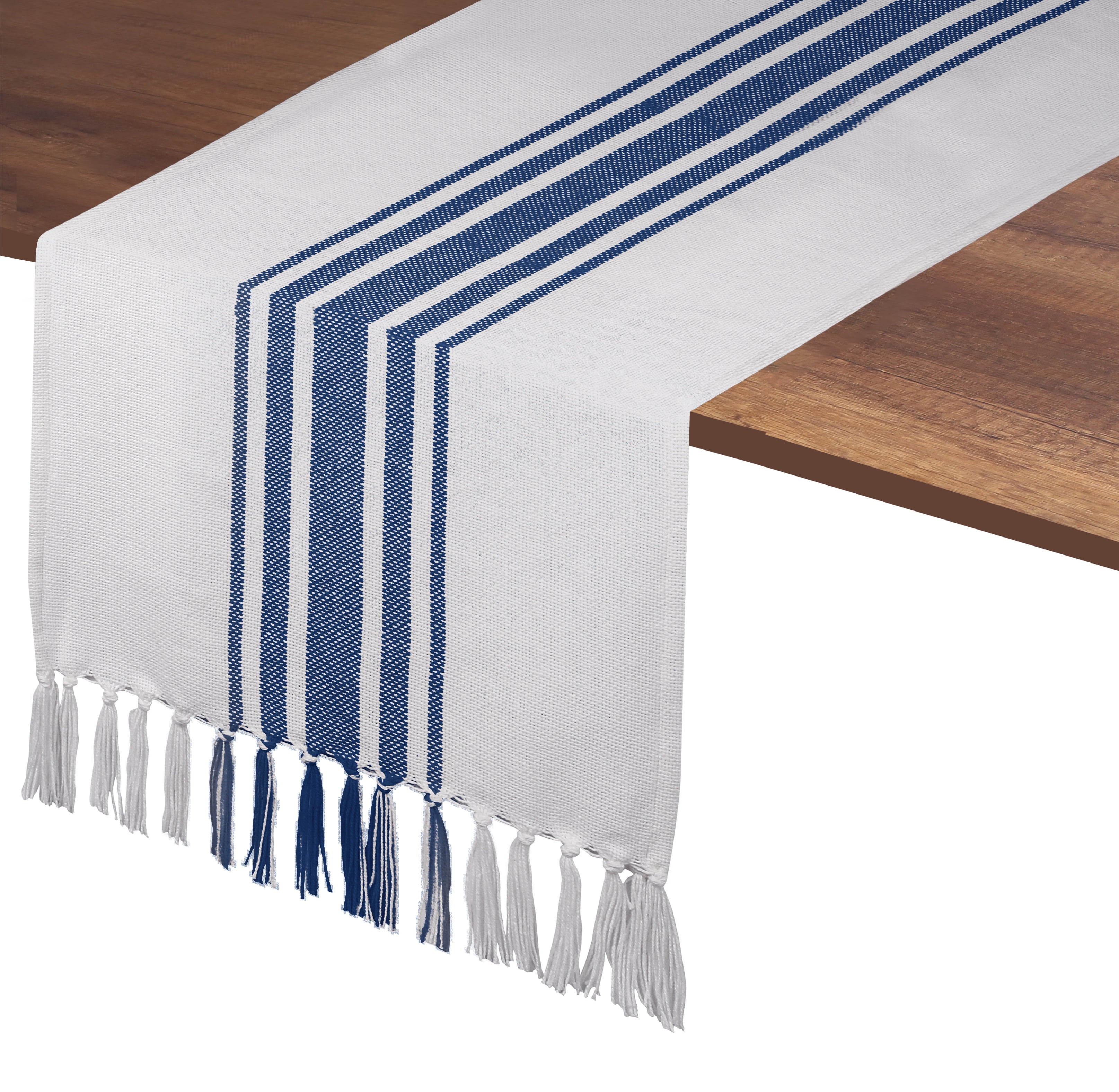 Native Fab Dining Stripe Table Runner with Tassels 100% Cotton, 14"x108", Ink Blue White ...