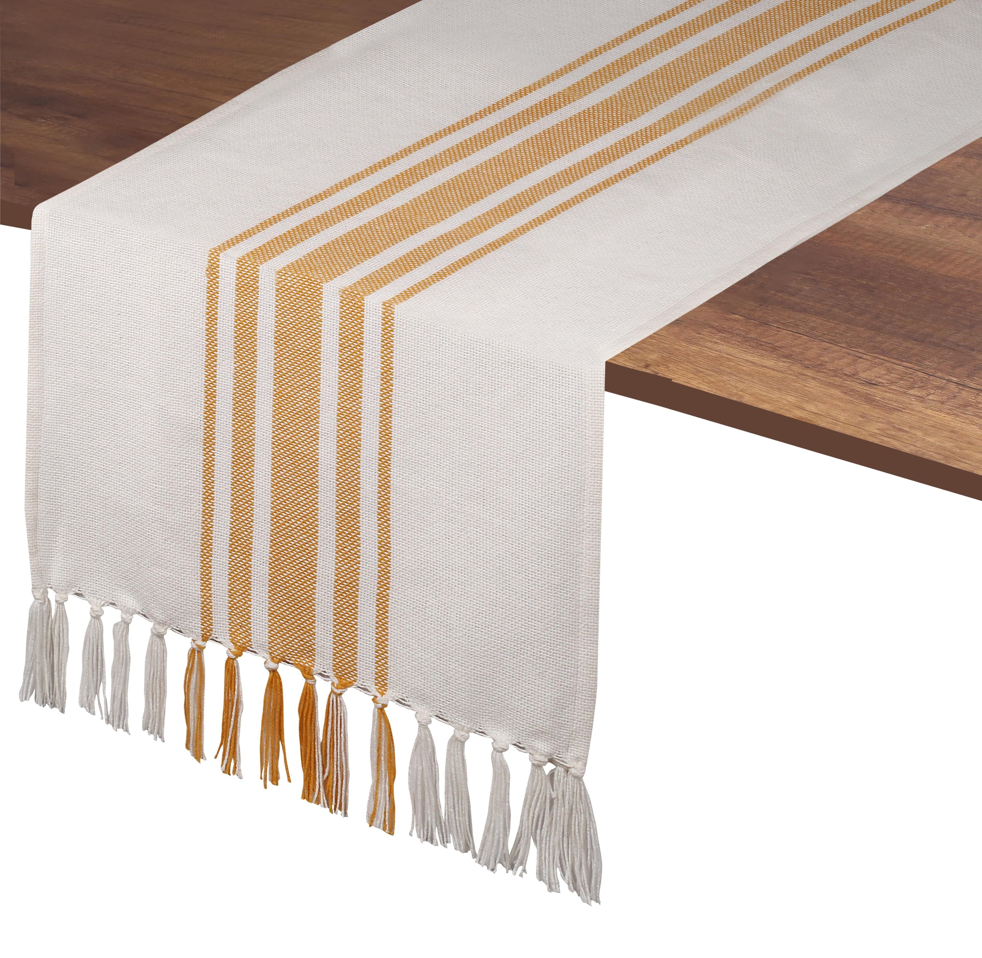 Native Fab Ellora Stripe Table Runner with Fringes, 14x72 Mustarad ...