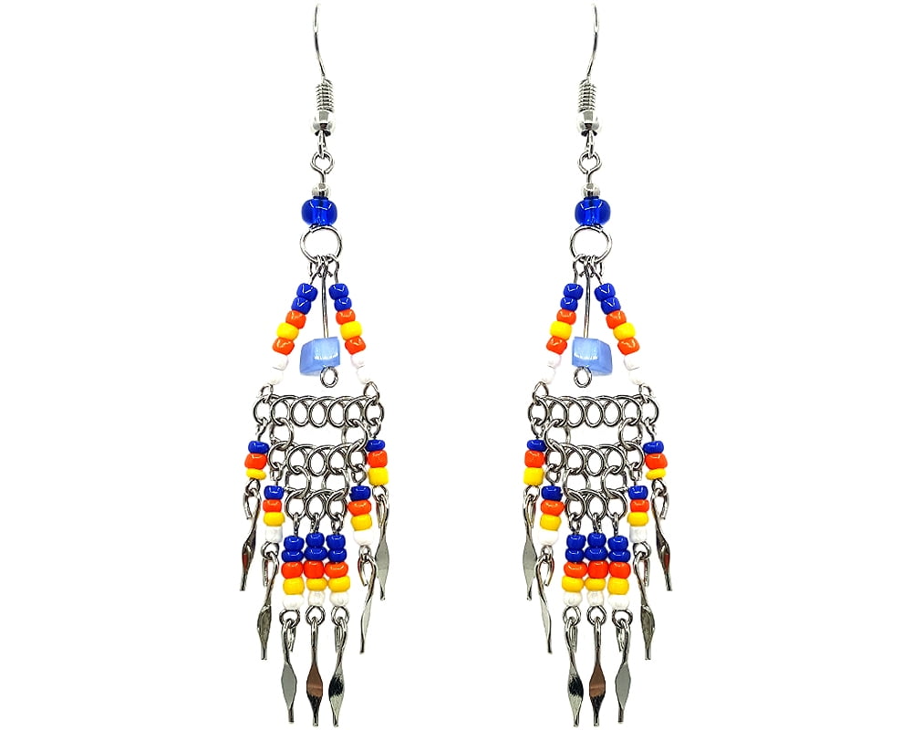 Native Inspired Triangle Seed Bead Chip Stone Long Beaded Metal Chain ...