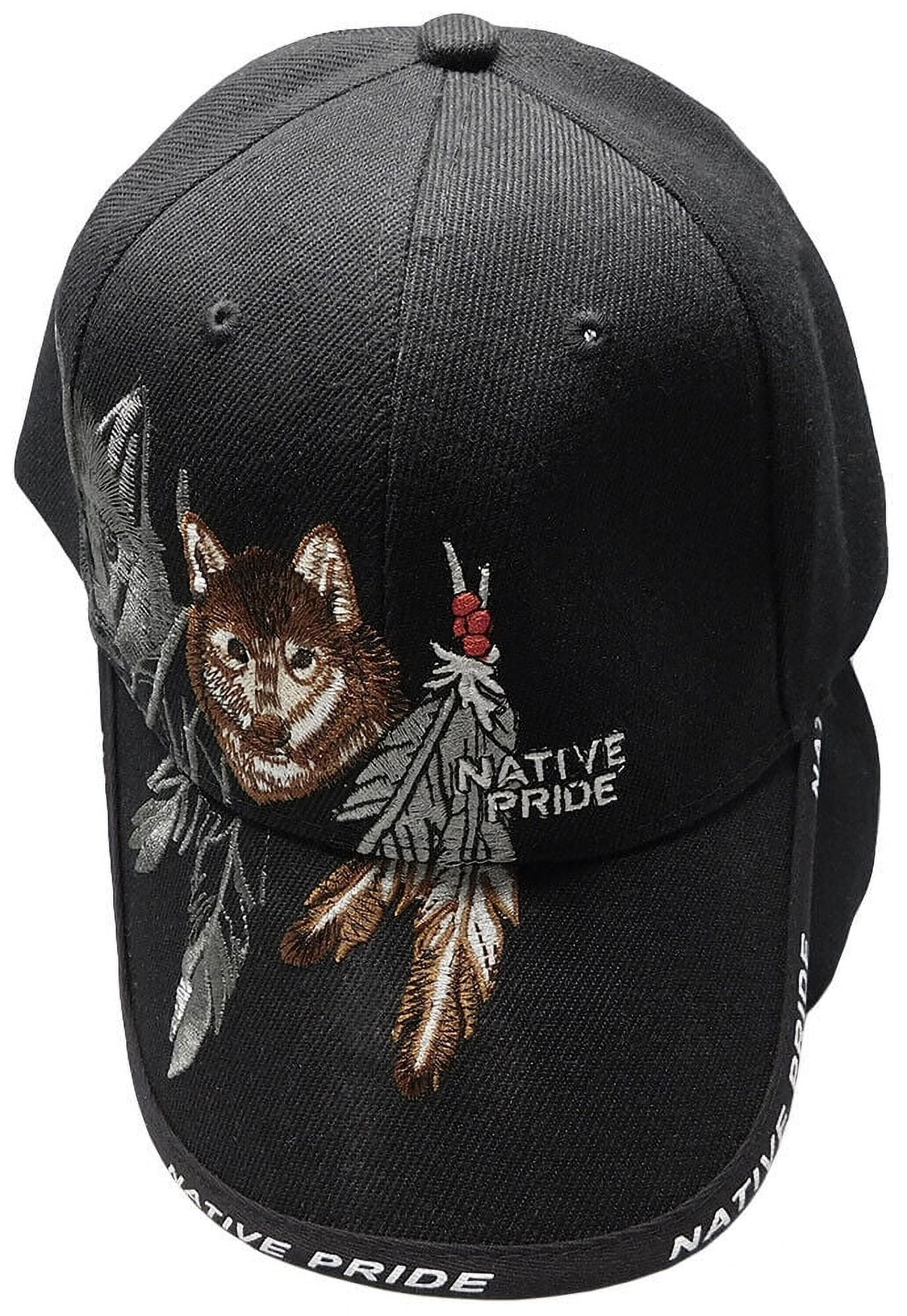 Native Pride Wolf Shadow Feather Black Embroidered Cap Hat - Walmart.com