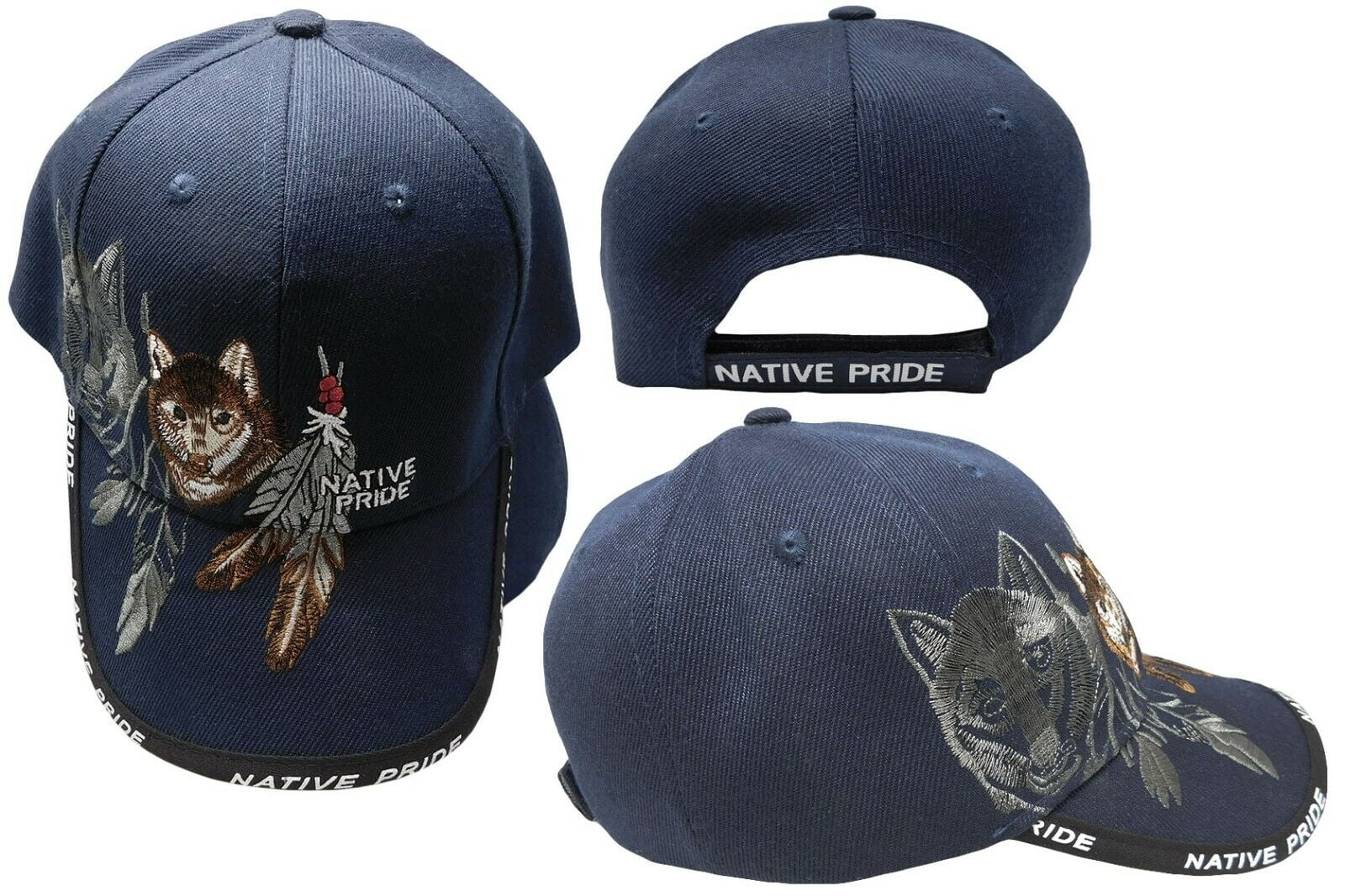 Native Pride Wolf Shadow Feather Blue Embroidered Cap Hat - Walmart.com