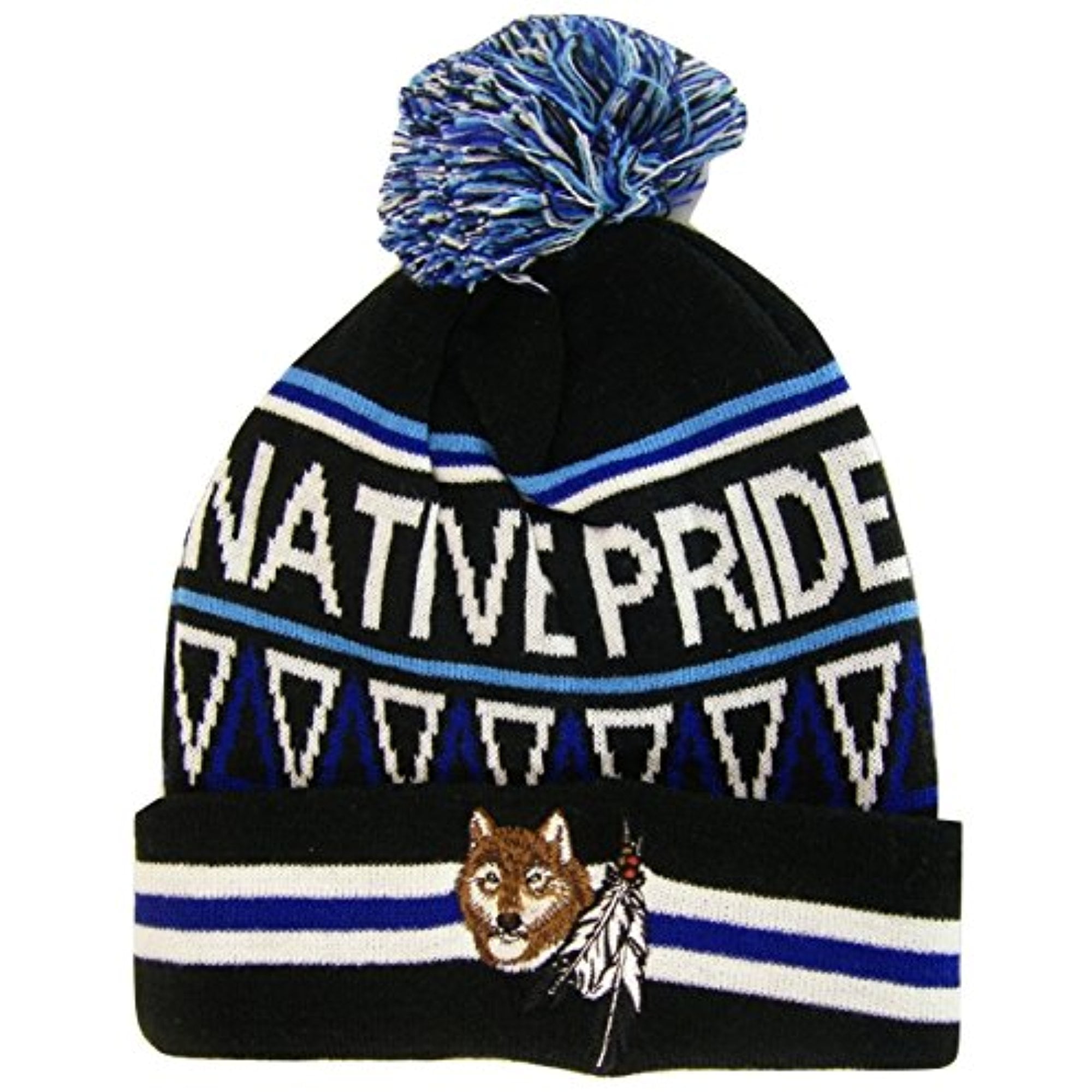 Native Pride Wolf With Feathers Cuffed Knit Winter Hat Pom Beanie ...