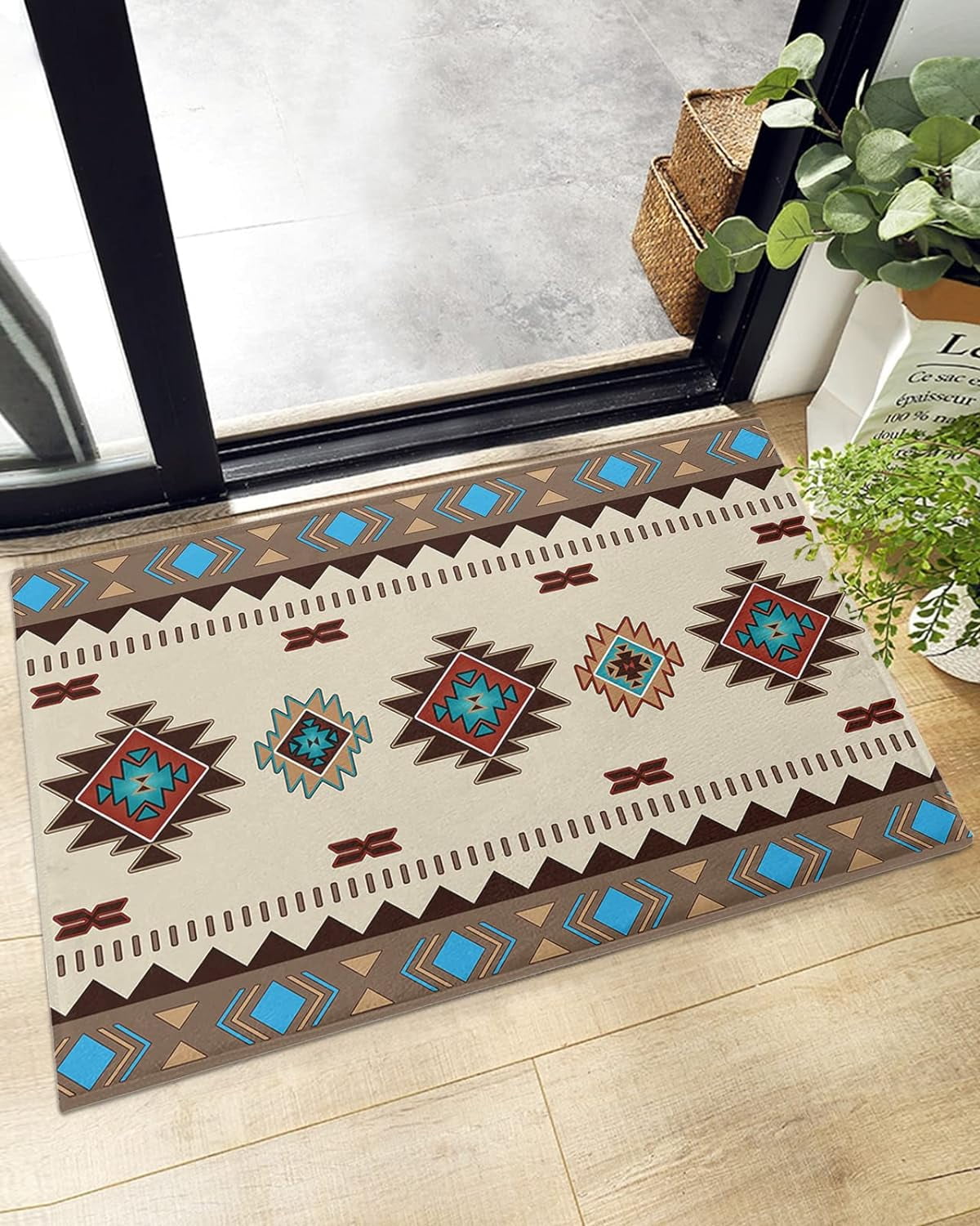 Native Southwestern Tribal Bathroom Shag Doormat Geometric Plaid Water ...