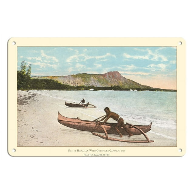 Native with Outrigger Canoe (Wa’a) - Honolulu Hawaii - Vintage Hawaiian ...