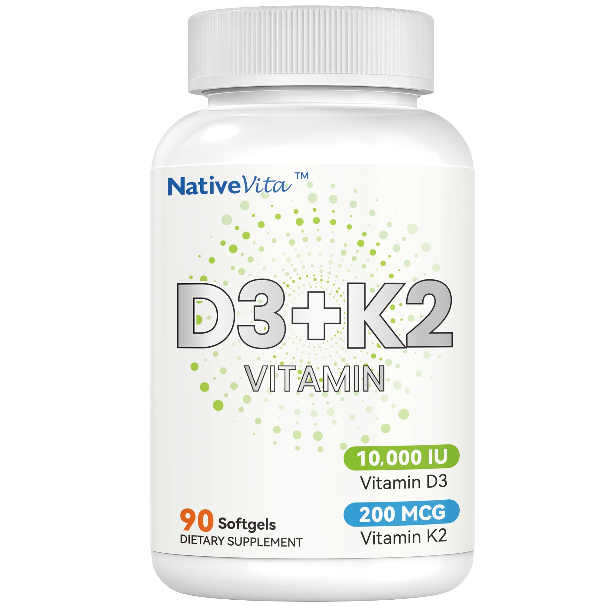 NativeVita 10,000 IU D3 + 200 mcg K2, Vitamin D3 and K2 (MK-7 ...