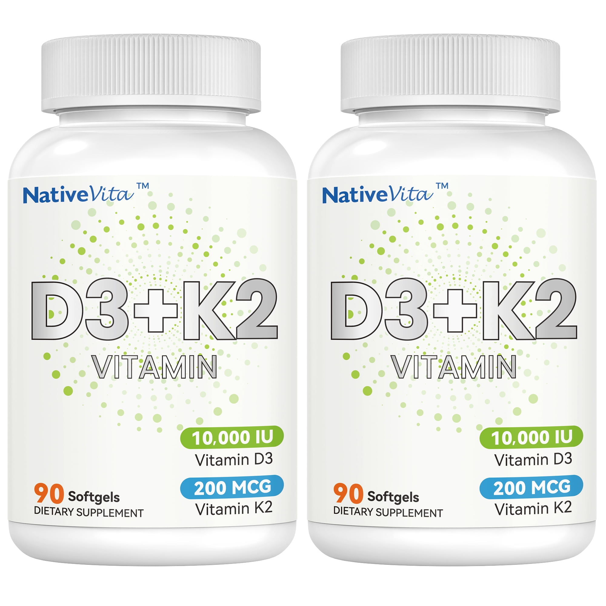 NativeVita (2 Pack) 10,000 IU D3 + 200 mcg K2, Vitamin D3 and K2 (MK-7 ...