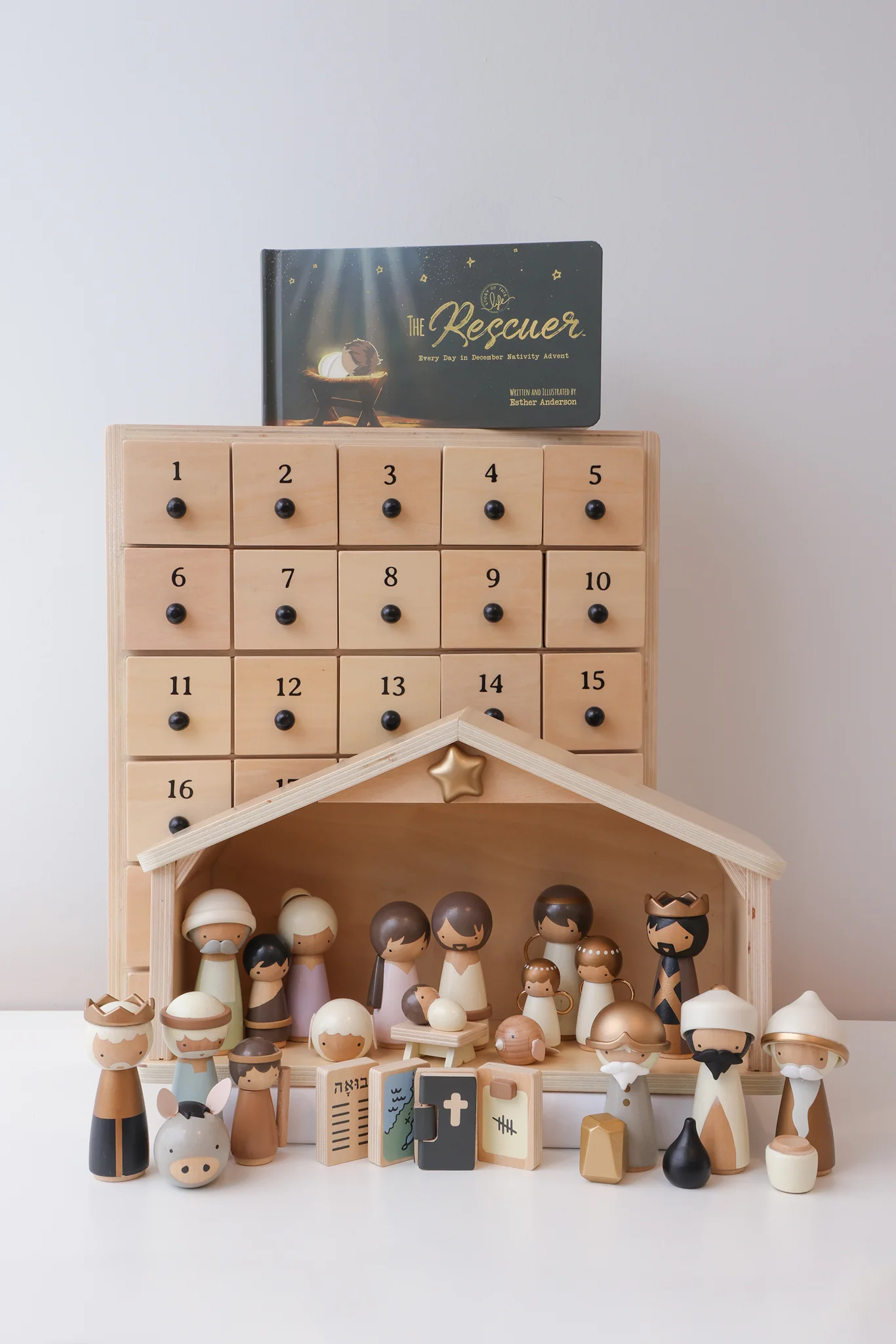 Nativity Advent Calendar Set, 25 Drawer Wooden Countdown Box with 30 ...