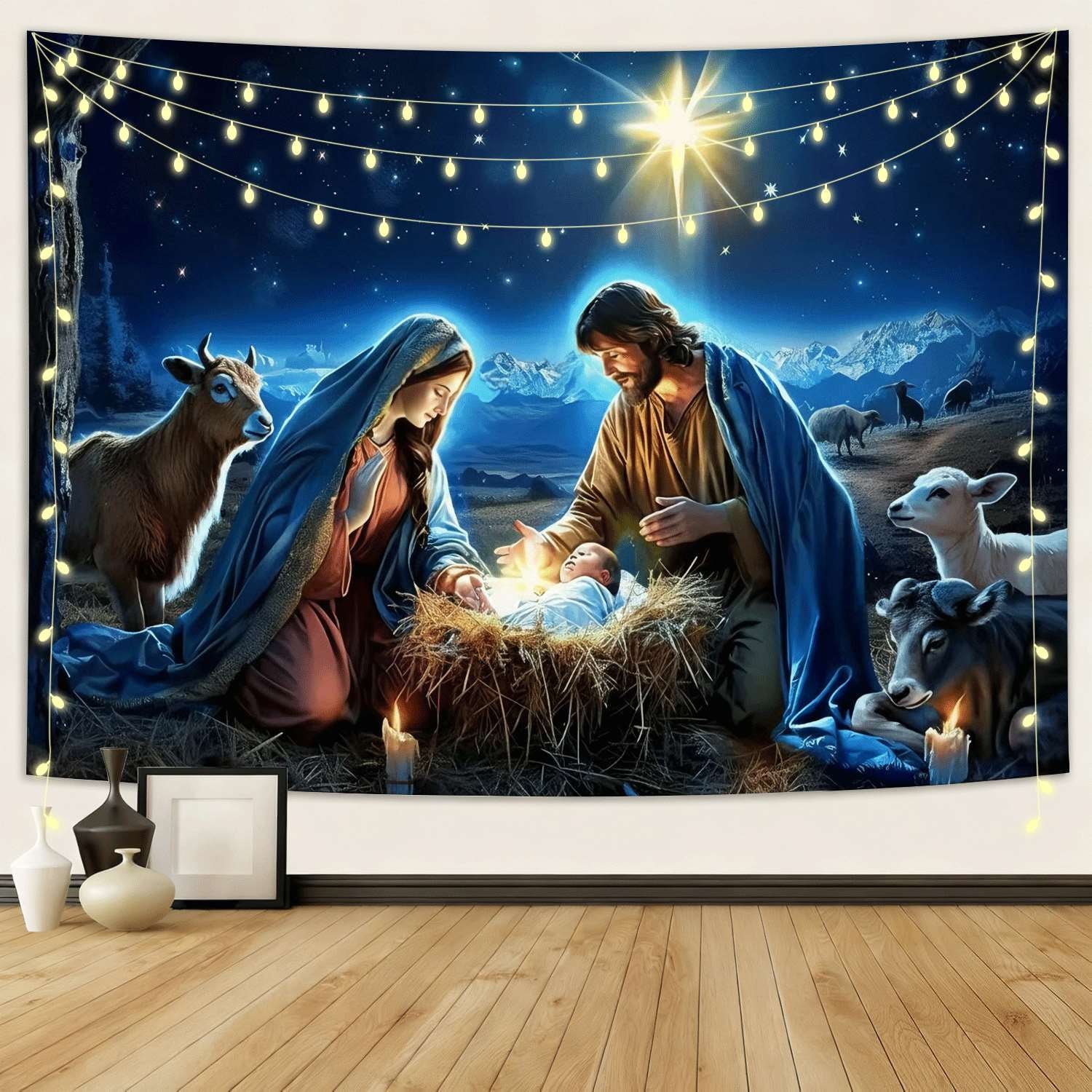 Nativity Christmas Tapestry Wall Decor, Baby Jesus Birth Scene with ...