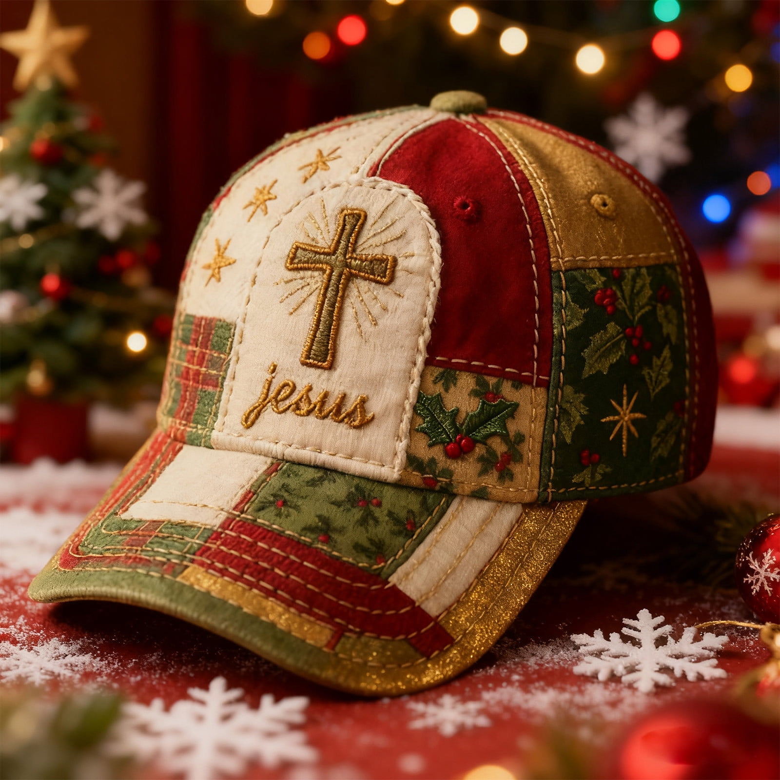 Nativity Patchwork Christmas Cap - Festive Holiday Headwear with Jesus ...