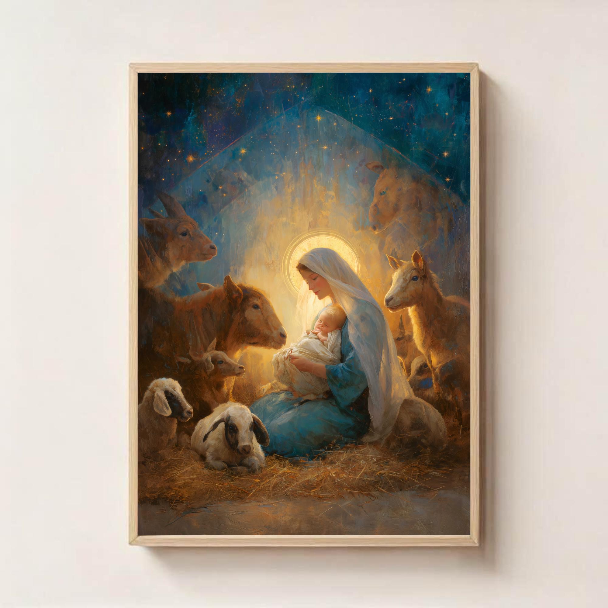 Nativity Scene Art – Mary And Baby Jesus With Animals, Holy Night ...