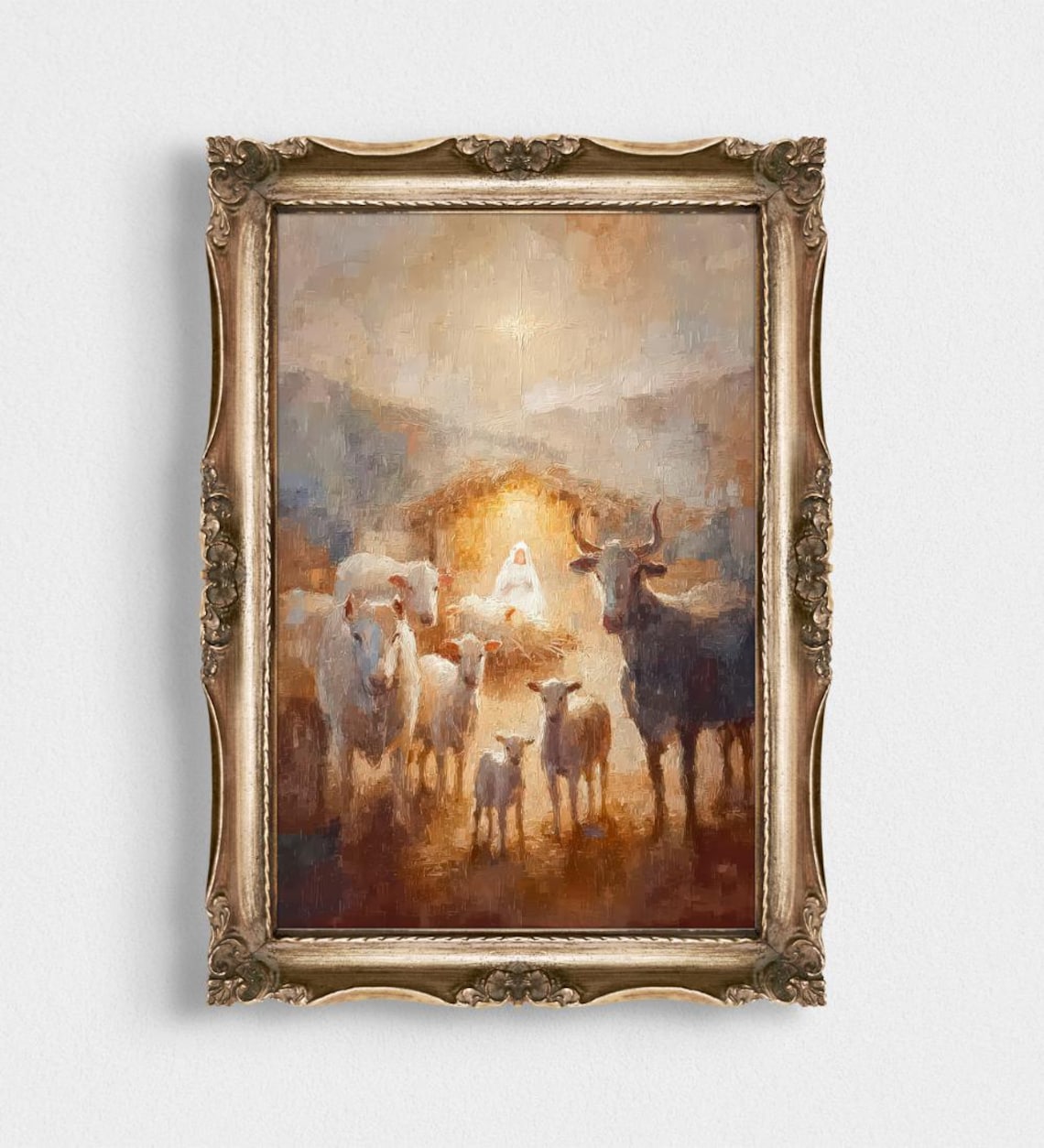 Nativity Scene Art Poster, Biblical Holy Night Angels Shepherds ...