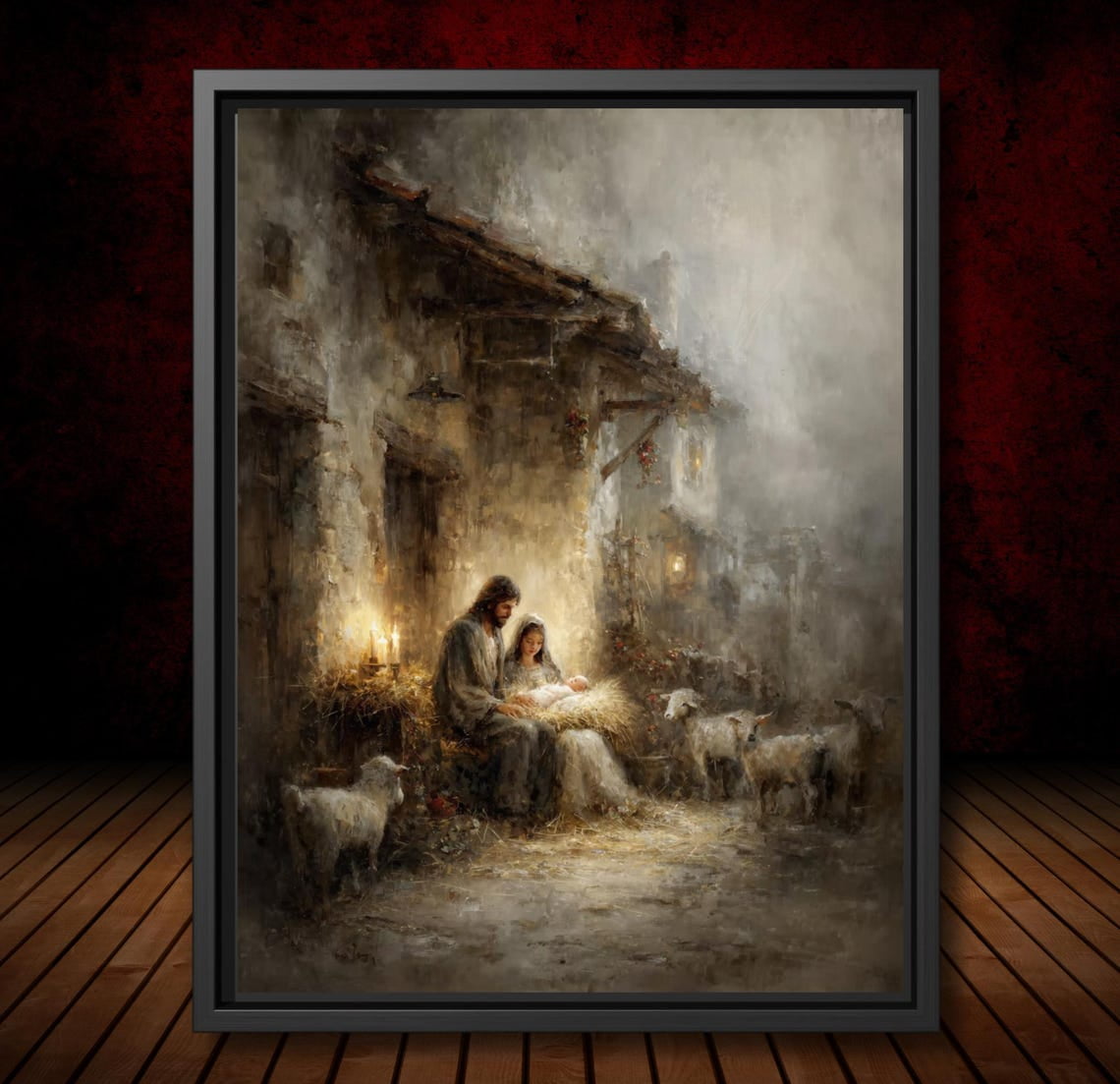 Nativity Scene Art Poster Scene With Mary Joseph And Baby Jesus In The ...