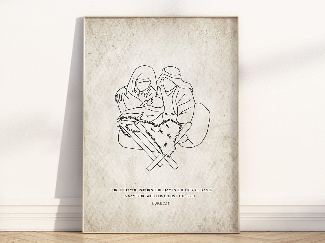 Nativity Scene Bible Verse Wall Art, Modern Christian Minimalist Mary ...