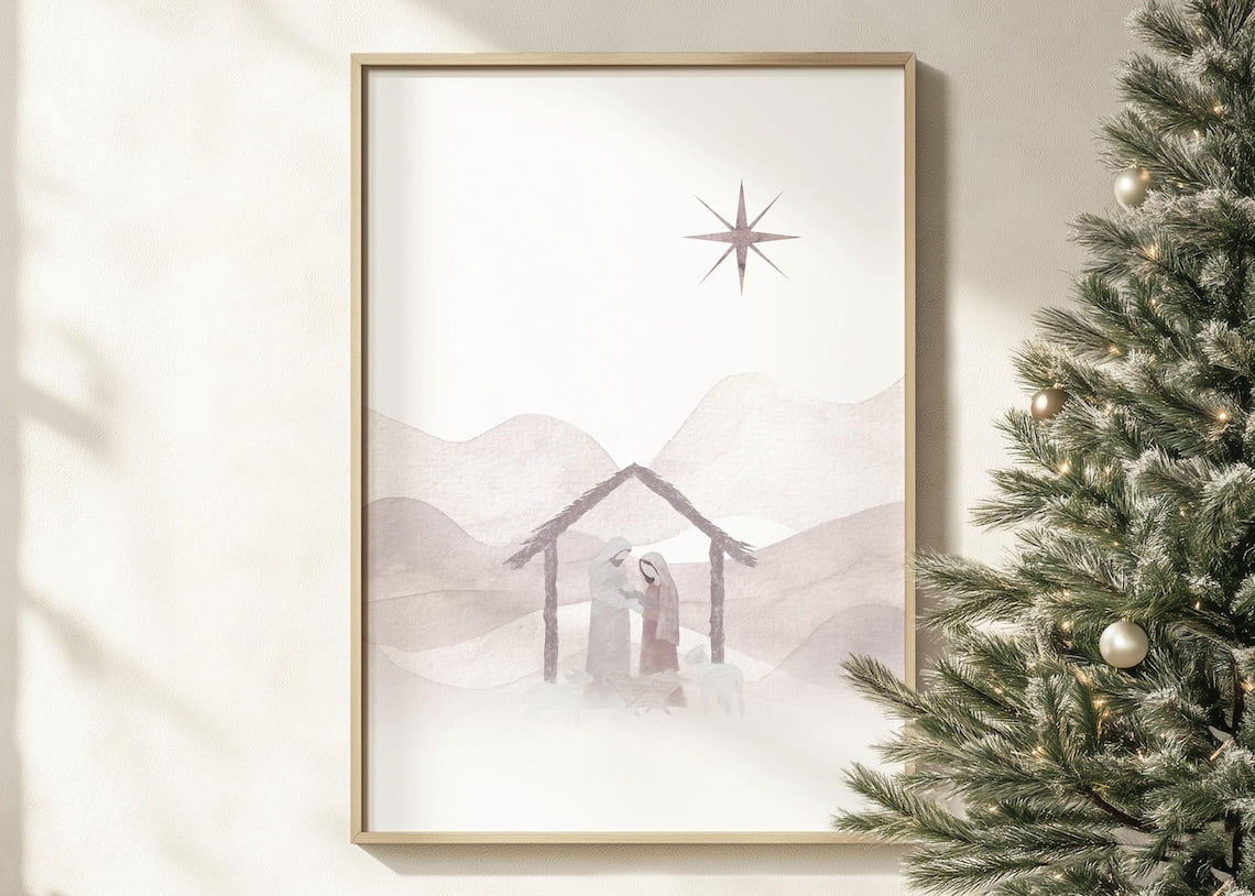 Nativity Scene Boho Abstract Christmas Wall Art, Modern Christian ...