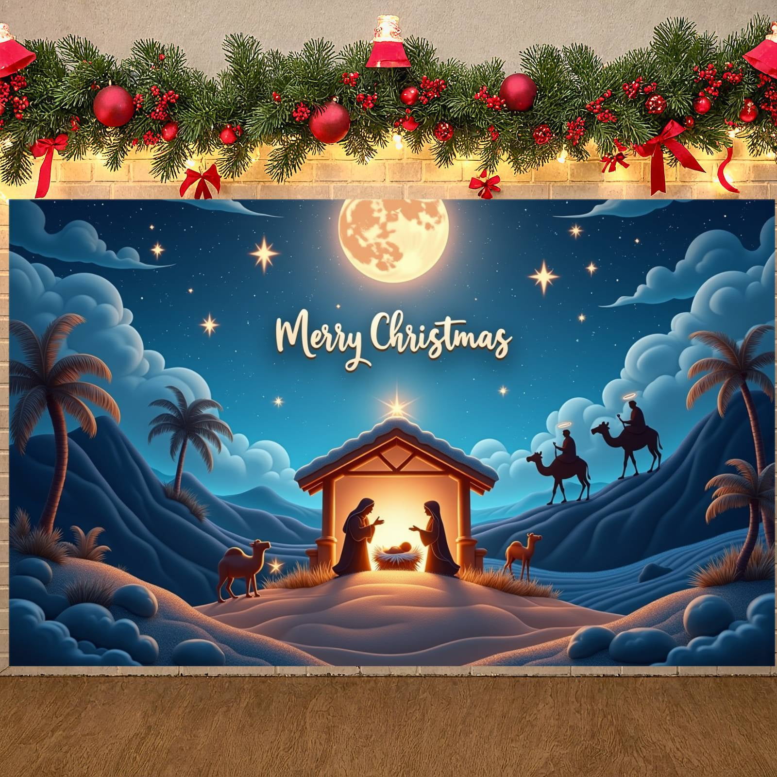 Nativity Scene Christmas Banner Night Sky Merry Christmas Backdrop ...