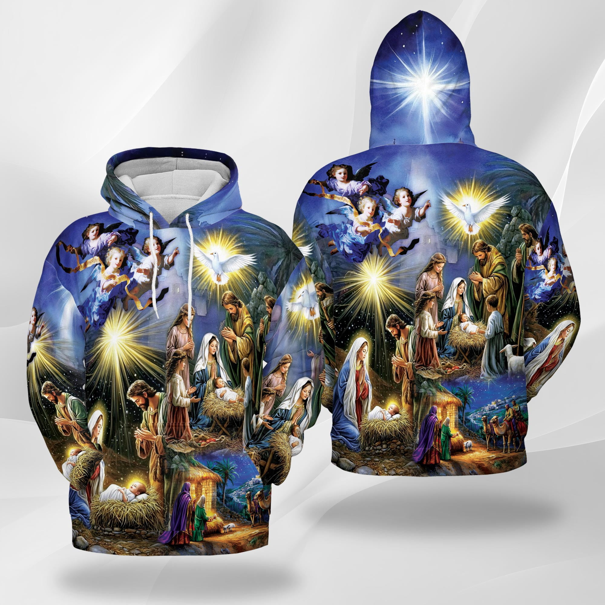 Nativity Scene Christmas Hoodie, Holy Family and Angels Religious ...