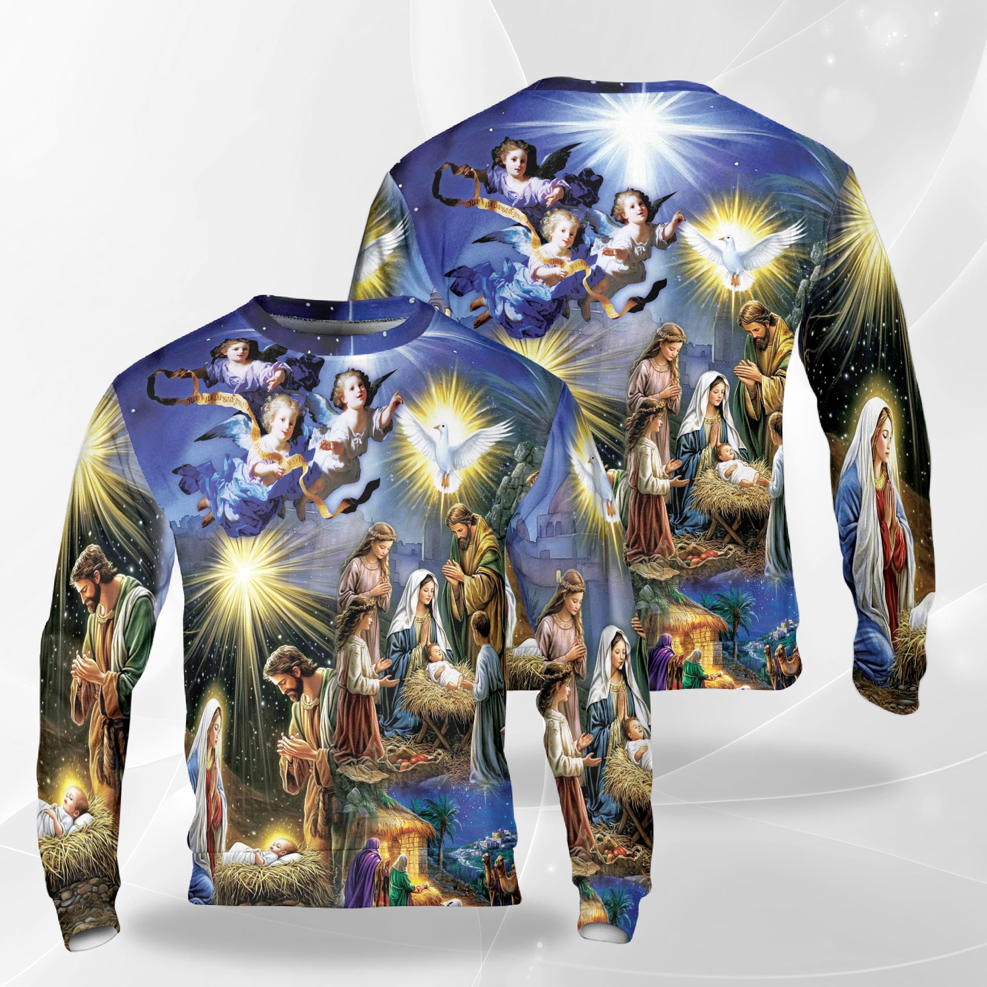 Nativity Scene Christmas Sweatshirt, Holy Family and Angels Religious ...