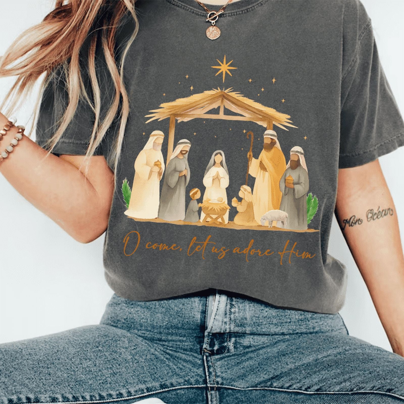 Nativity Scene Christmas T-Shirt, O Come Let Us Adore Him Christian ...