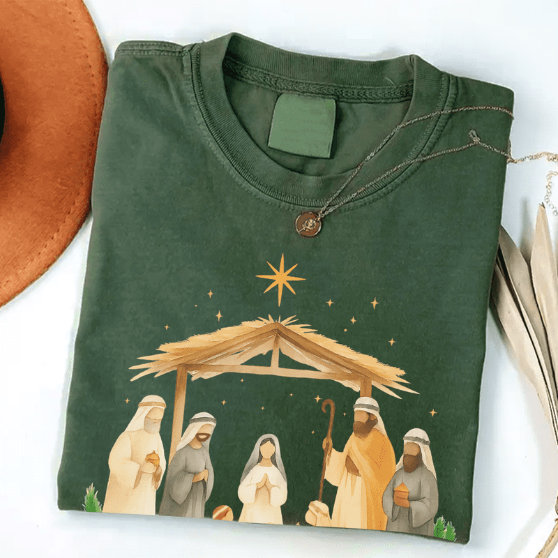 Nativity Scene Christmas T-Shirt, O Come Let Us Adore Him Christian ...