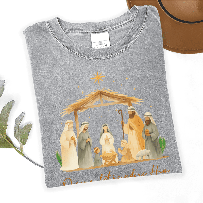 Nativity Scene Christmas T-Shirt, O Come Let Us Adore Him Christian ...