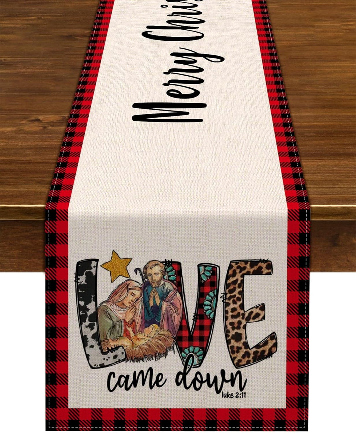 Nativity Scene Epiphany Table Runner Jesus Black Red Buffalo Plaid Xmas ...