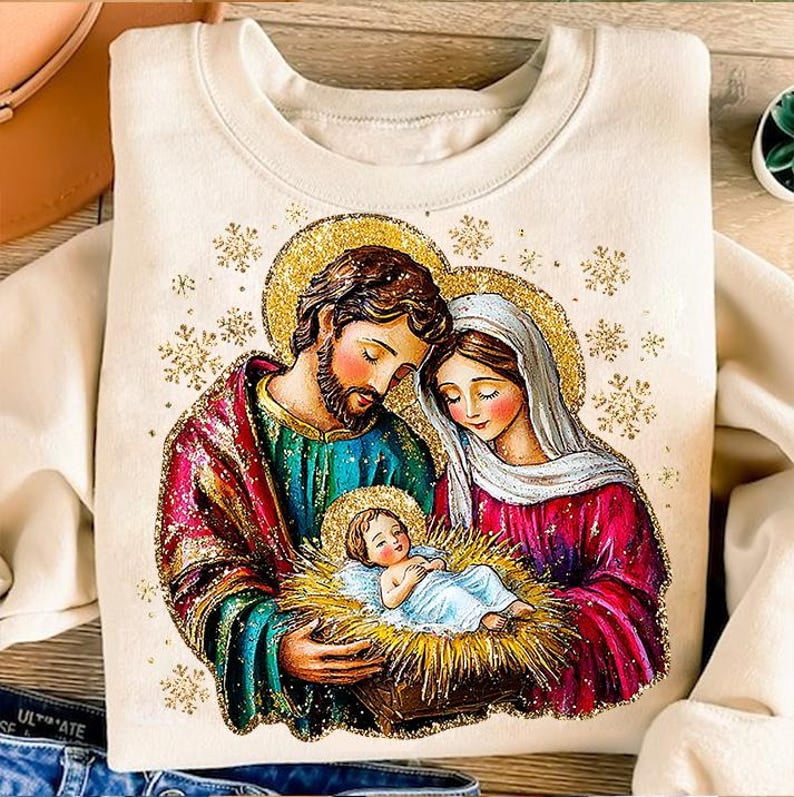 Nativity Scene Glitter Sweater, Christian Baby Jesus Bible Verse ...