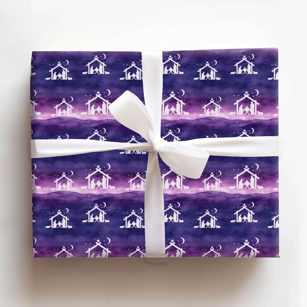 Nativity Scene Silhouette Purple Night Sky Christmas Wrapping Paper ...