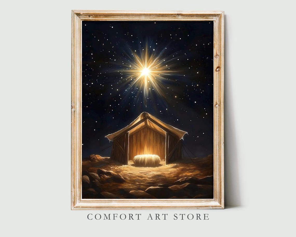 Nativity Scene Wall Art Holy Night Print Vintage Christmas Manger Star ...