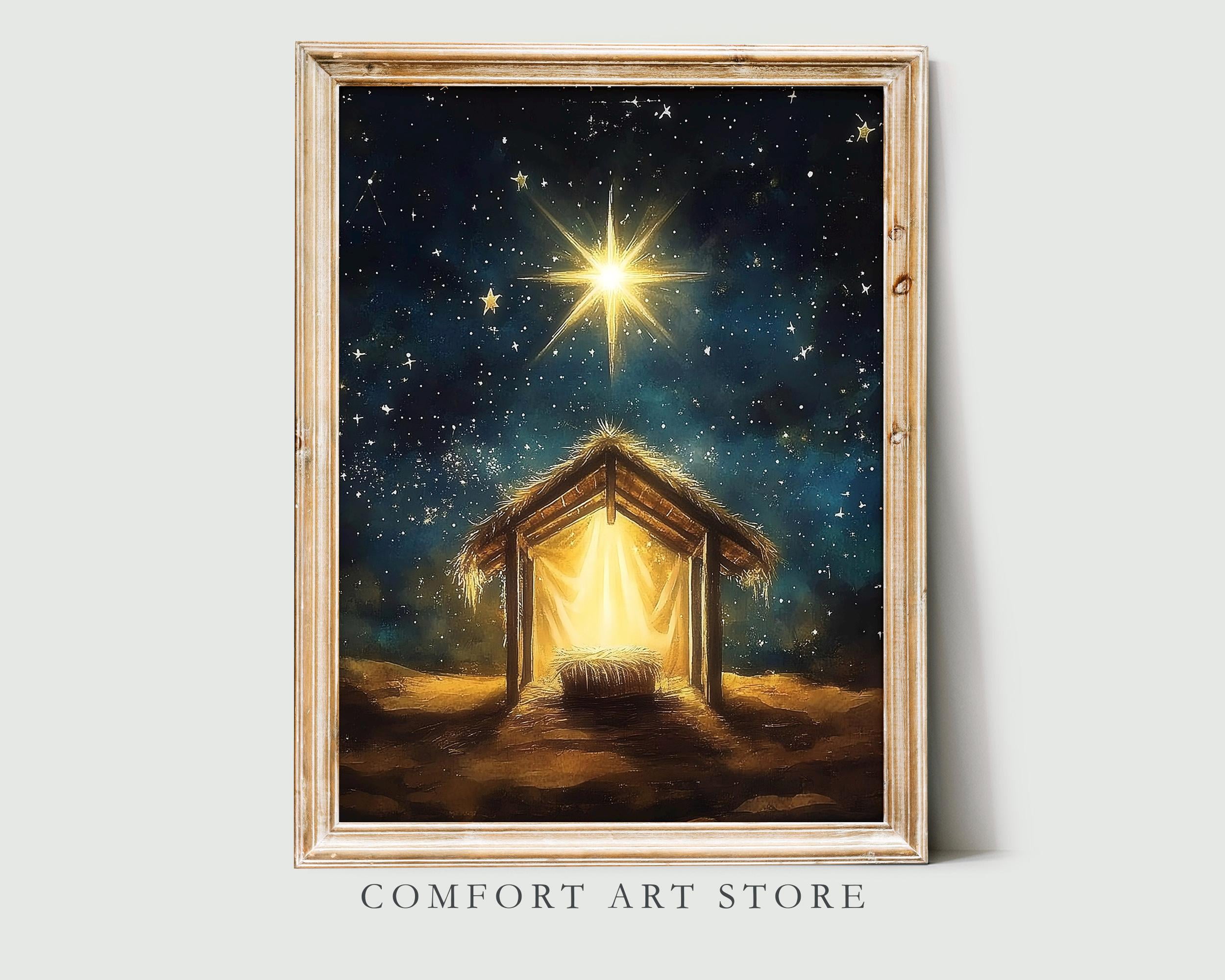 Nativity Scene Wall Art Holy Night Print Vintage Kristmas Manger Star ...