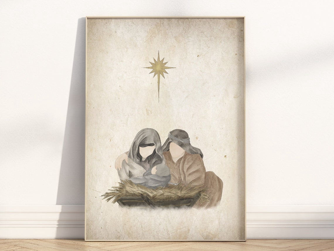 Nativity Scene Wall Art, Rustic Christian Watercolor Poster Print ...