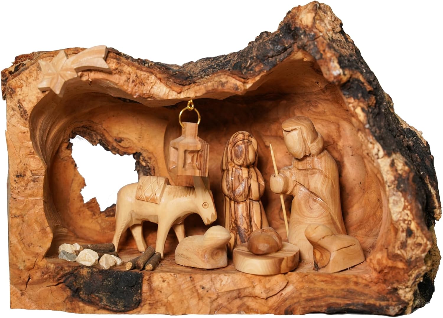 Nativity Scene in Manger Carved Inside of a Solid Piece of Olive Wood ...
